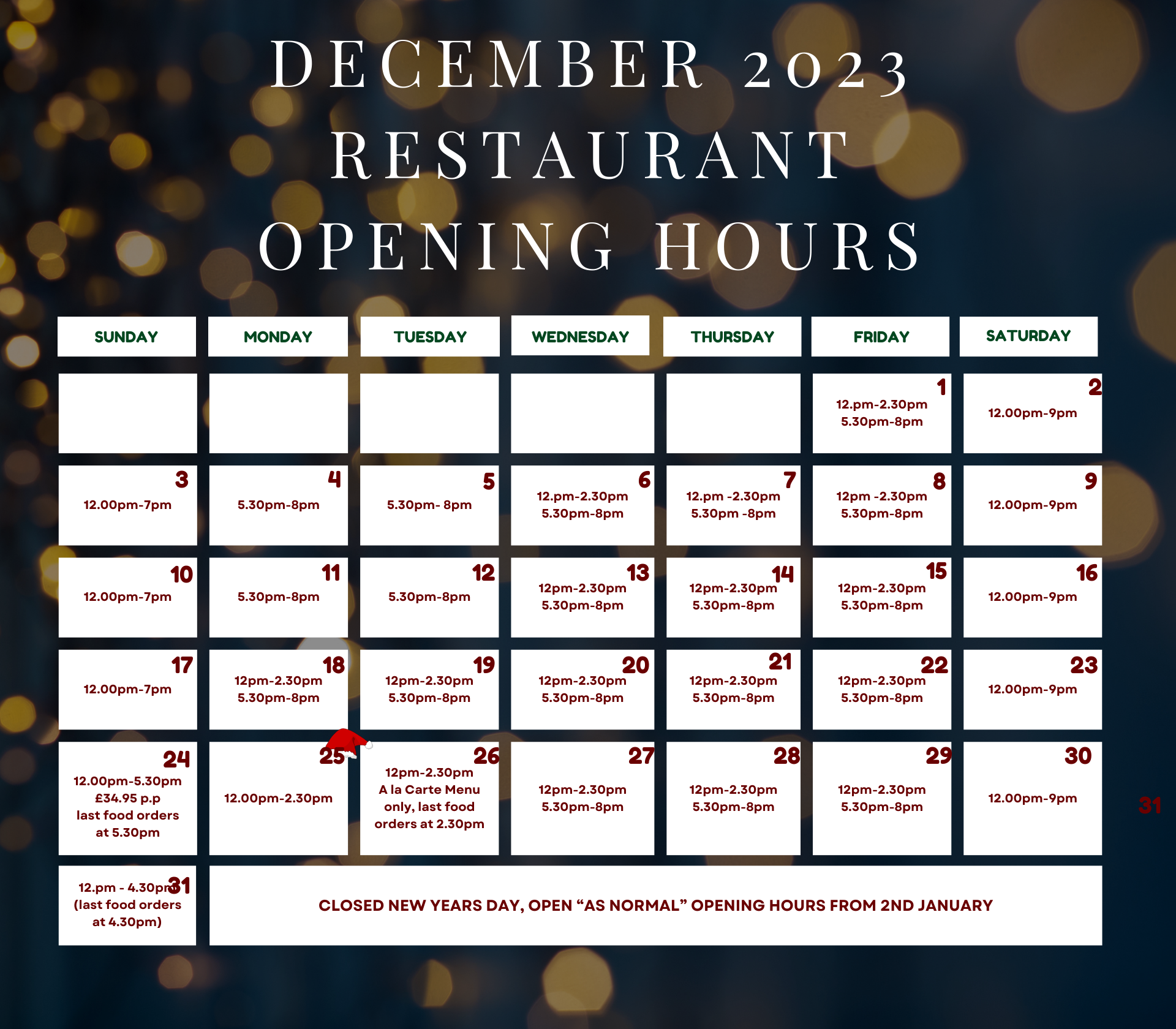 December Opening Hours - Hundred House