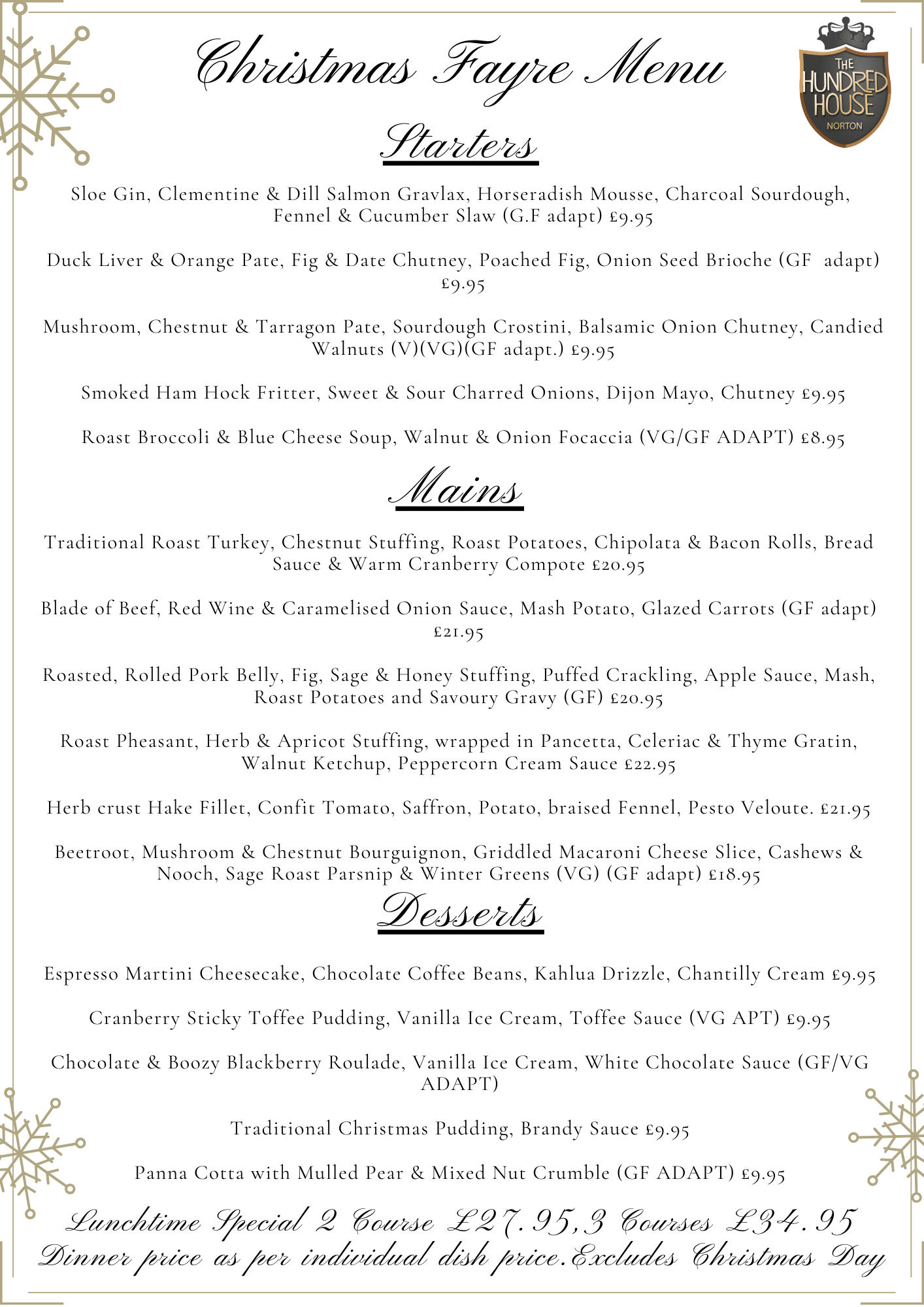 Restaurant Christmas Fayre Menu - Hundred House