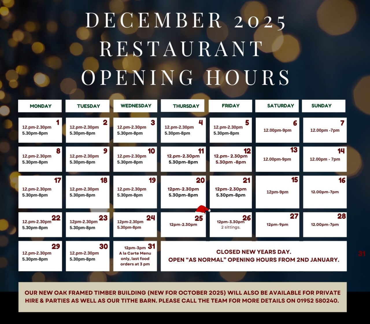 December Opening Hours - Hundred House